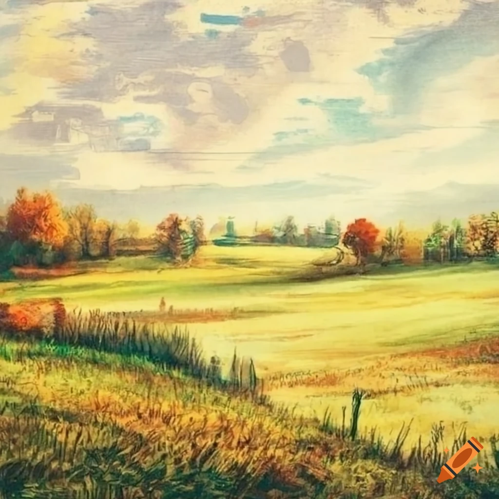 Vintage coloured drawing of a peaceful countryside on Craiyon