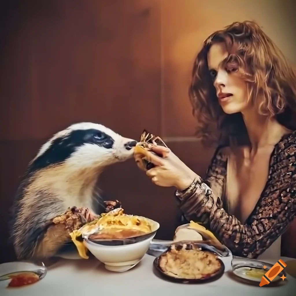 Eurasian badger family enjoying pasta in a golden badger bowl on Craiyon