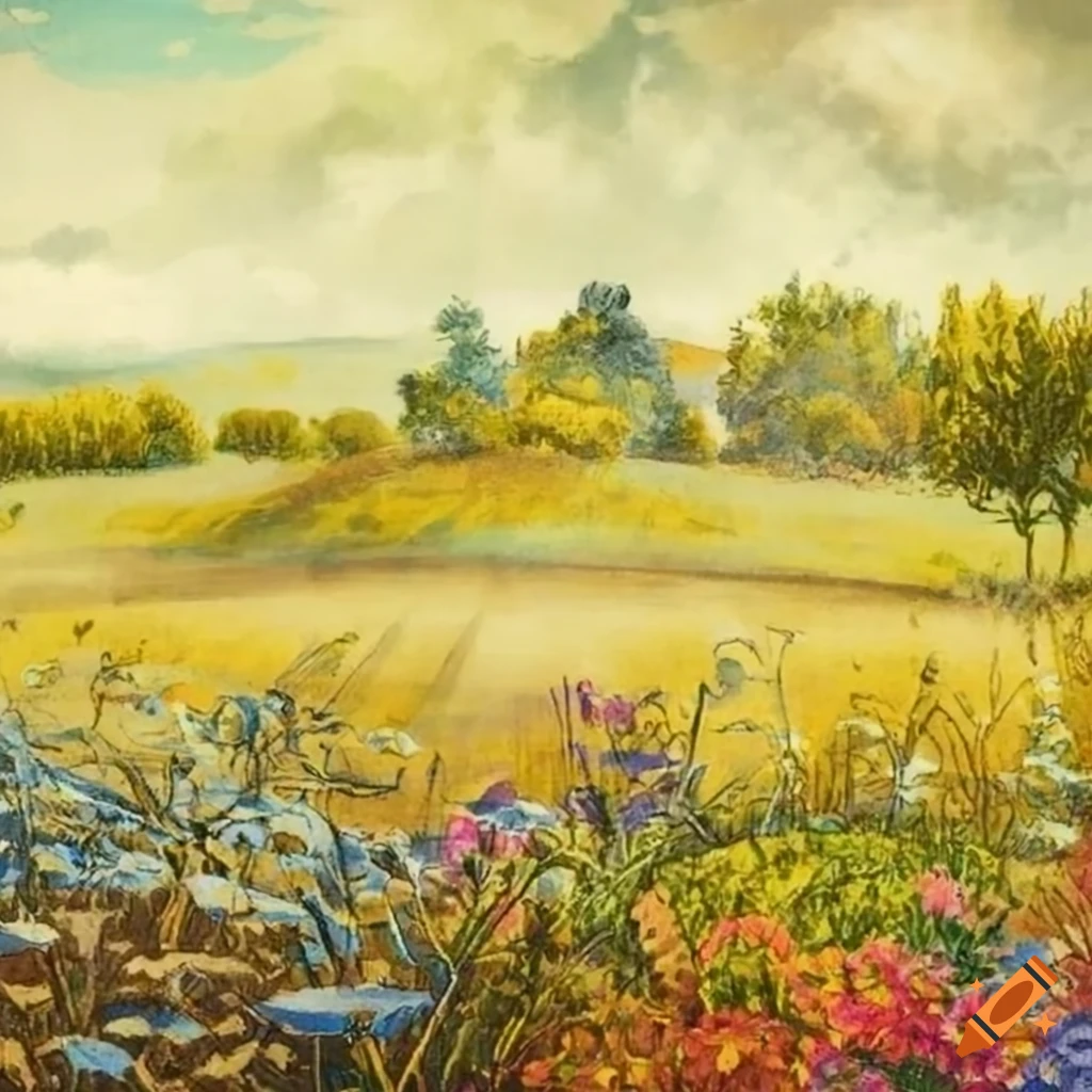 Vintage coloured drawing of a peaceful countryside on Craiyon