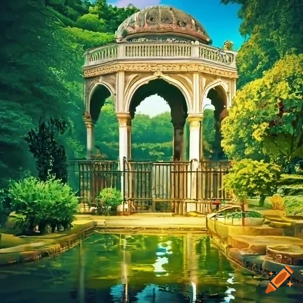 Islamic art inspired garden with a balcony over a pond on Craiyon