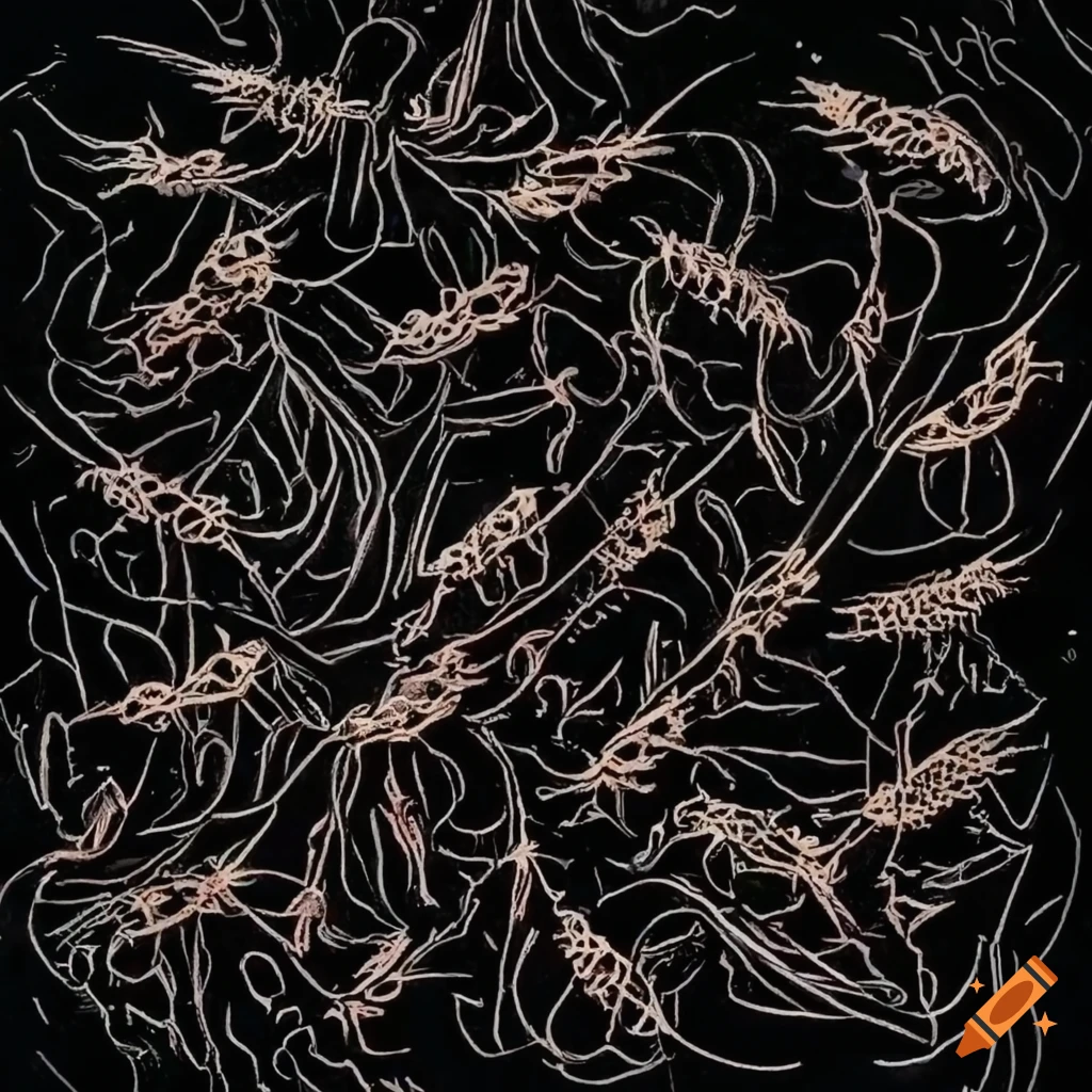 Linocut print of swarming locusts on Craiyon