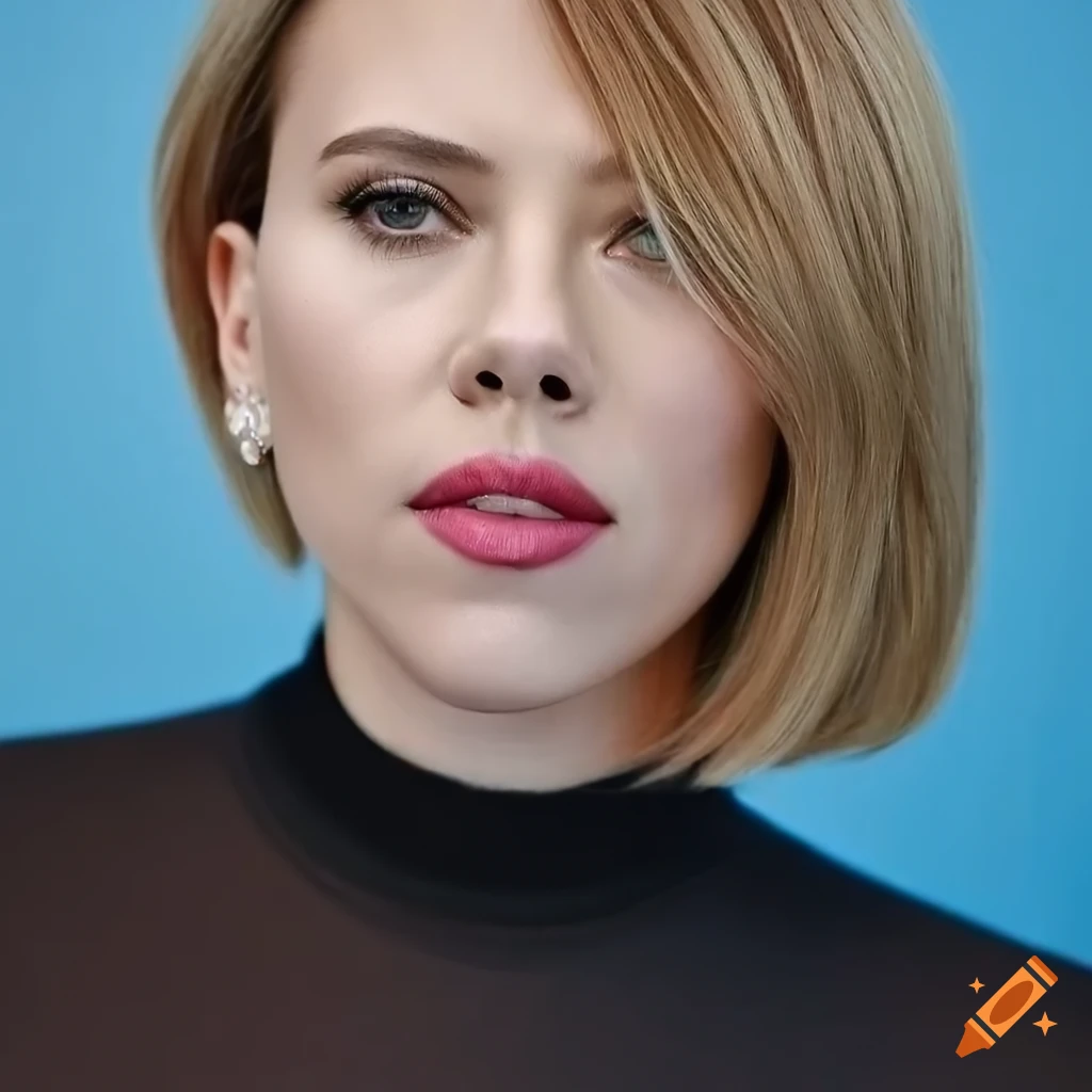 Scarlett johansson with straight black hair, white lab coat, smiling ...