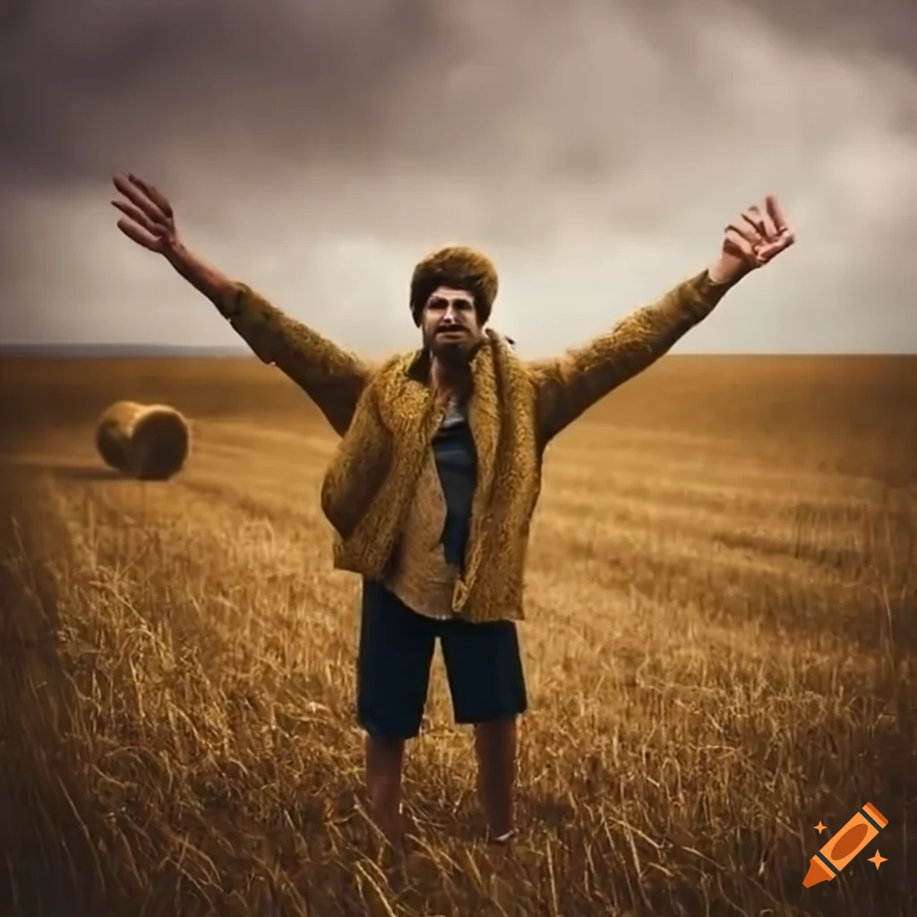 Man in a hay-covered field waving