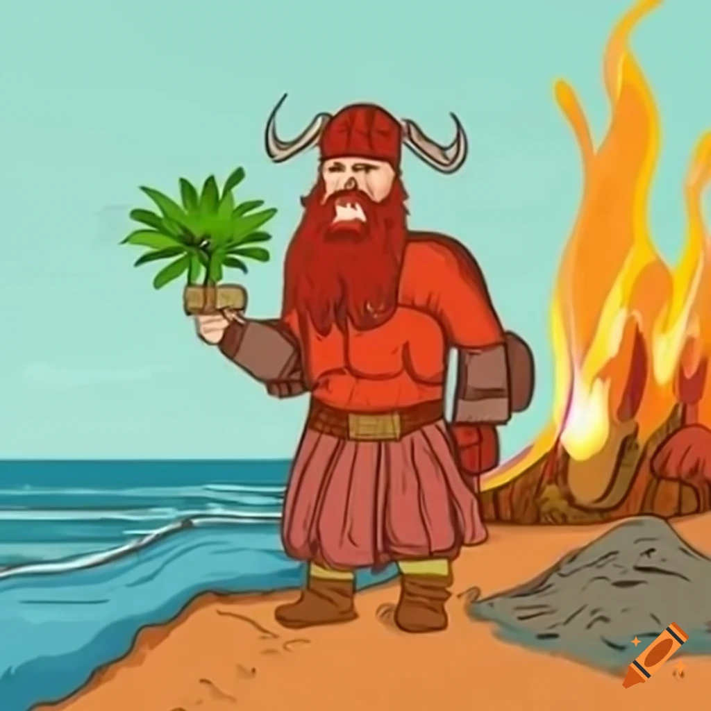 Red bearded viking on the beach with a cannabis plant on Craiyon