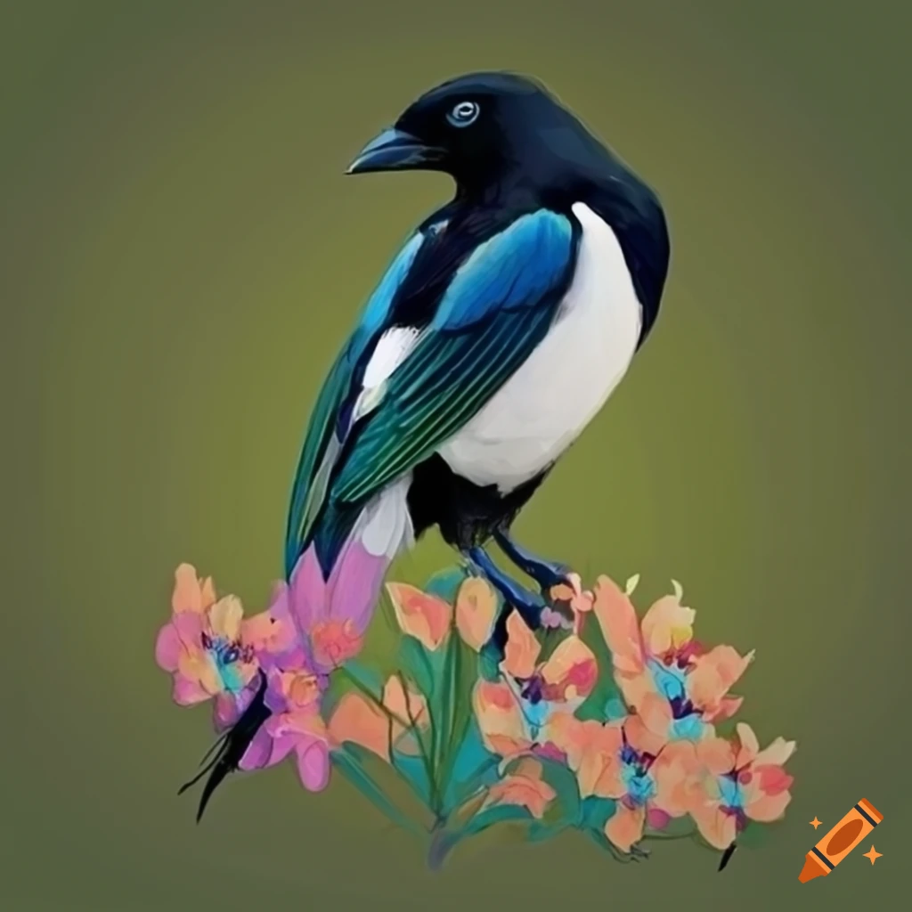 Magpie with colorful flowers on Craiyon