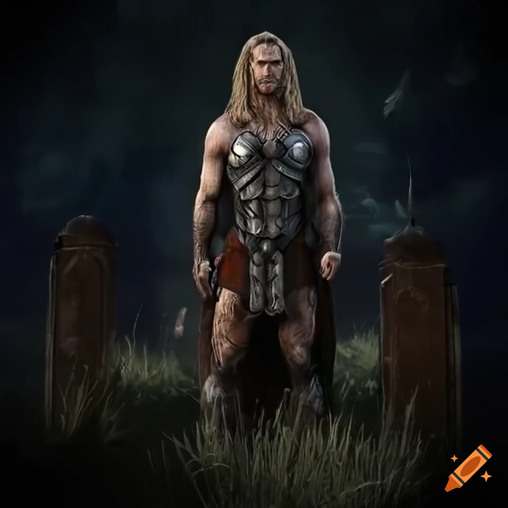 Portrait of thor and wednesday addams on a bench in a spooky forest on Craiyon