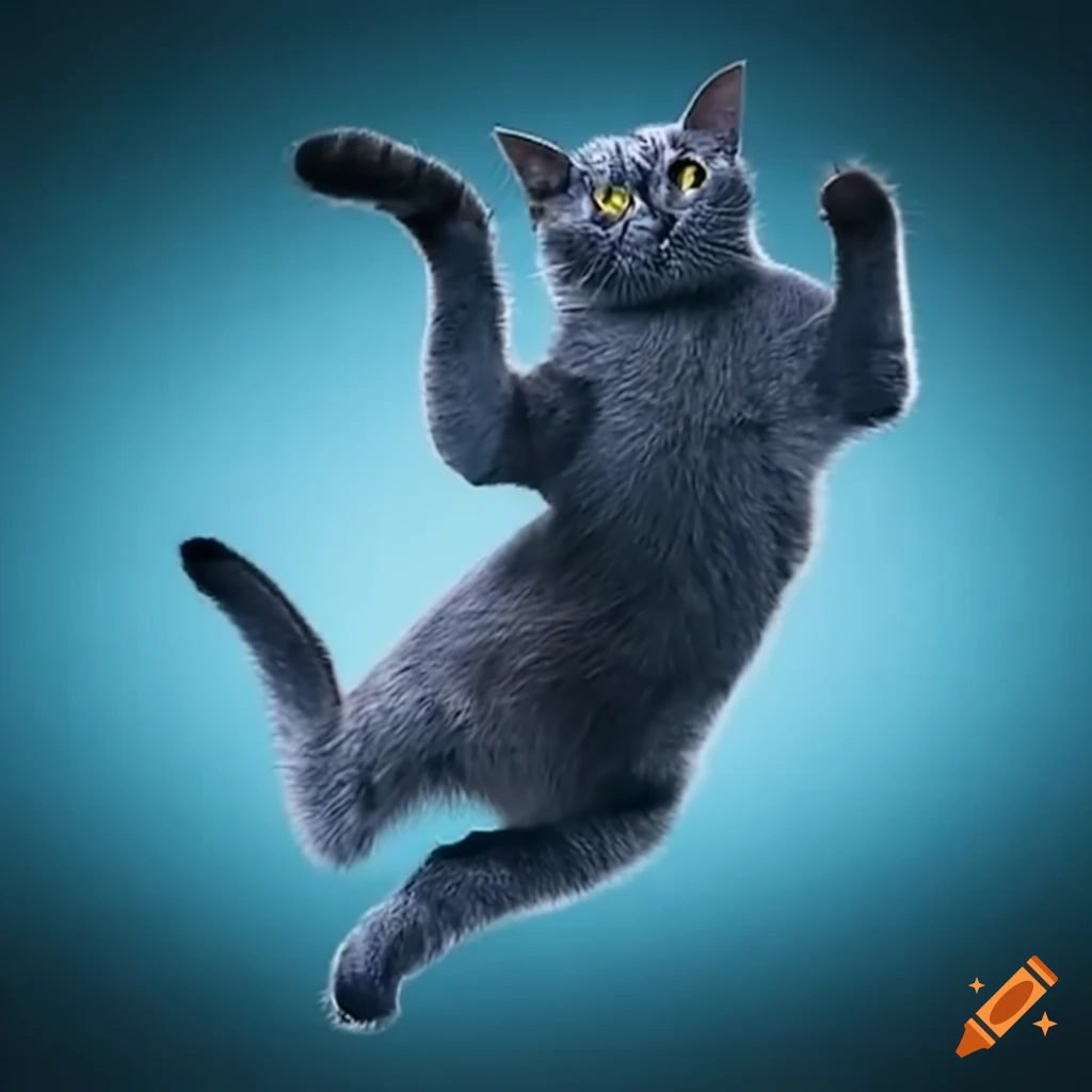 Blue cat jumping to catch its prey