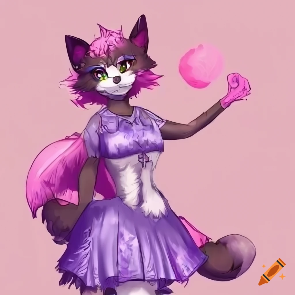 Detailed reference sheet of a pink and purple anthropomorphic fox ...