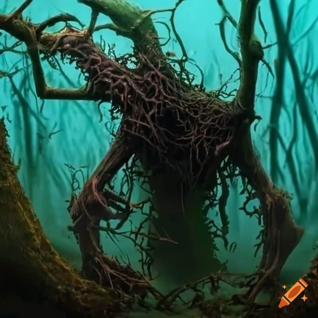 Image of a sinister root and vine monster in a swamp on Craiyon