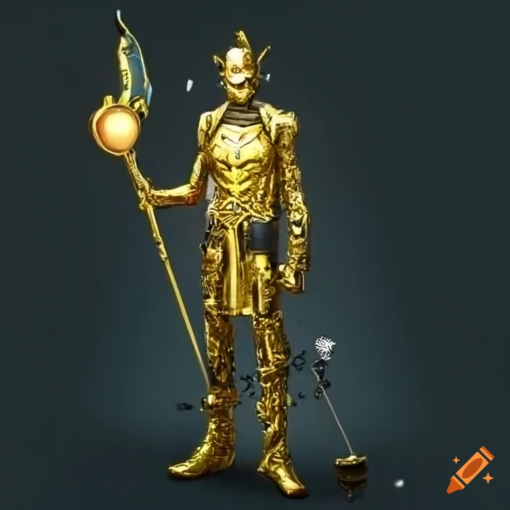 Futuristic sculpture of a golden man with a scepter
