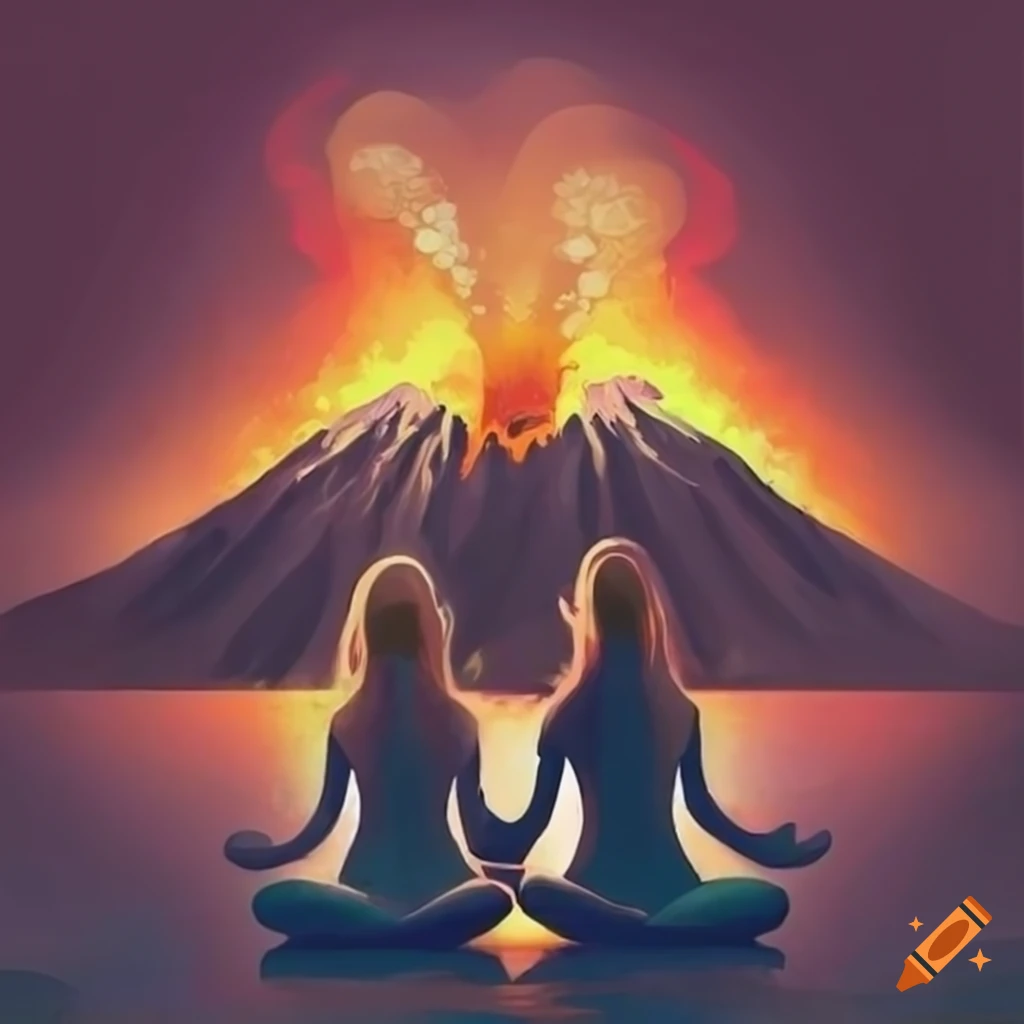 Artwork of two women meditating by a volcano on Craiyon