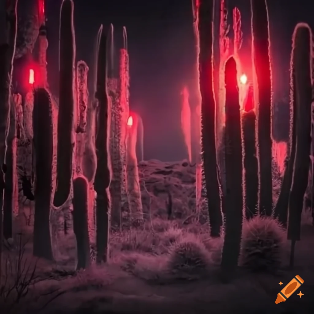 Utopian cactus forest with red lights