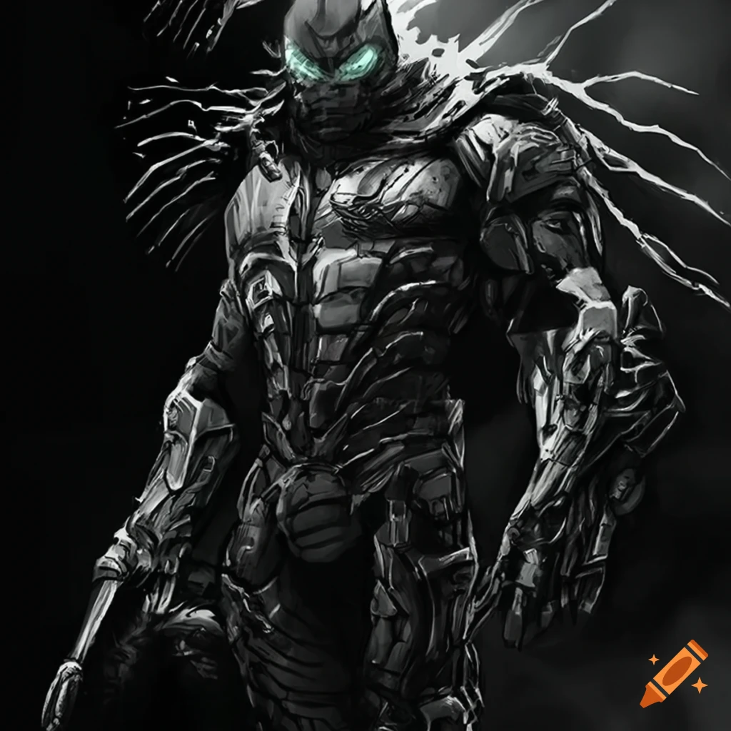 Image of a cyborg superhero in black armor on Craiyon