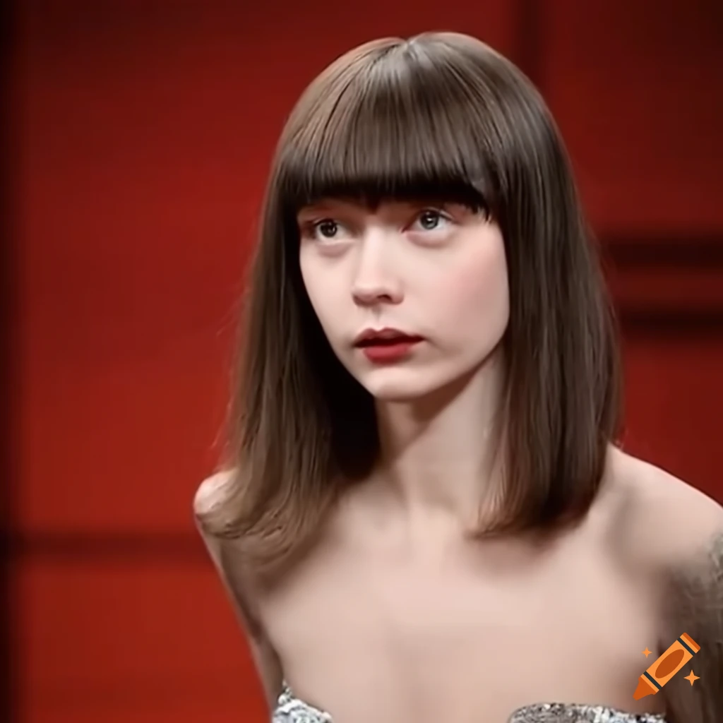 Mia goth getting her bangs trimmed on a talk show on Craiyon