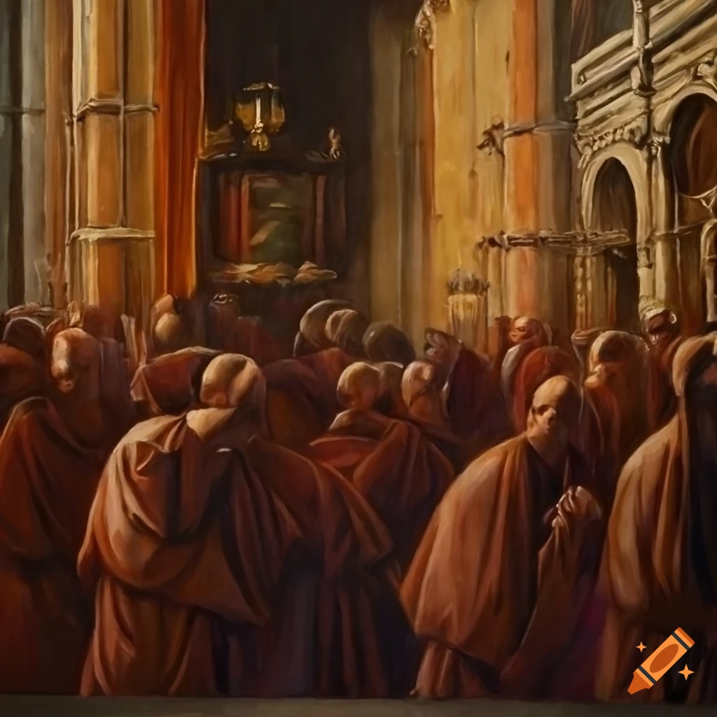 Detailed oil painting of a procession of monks on Craiyon