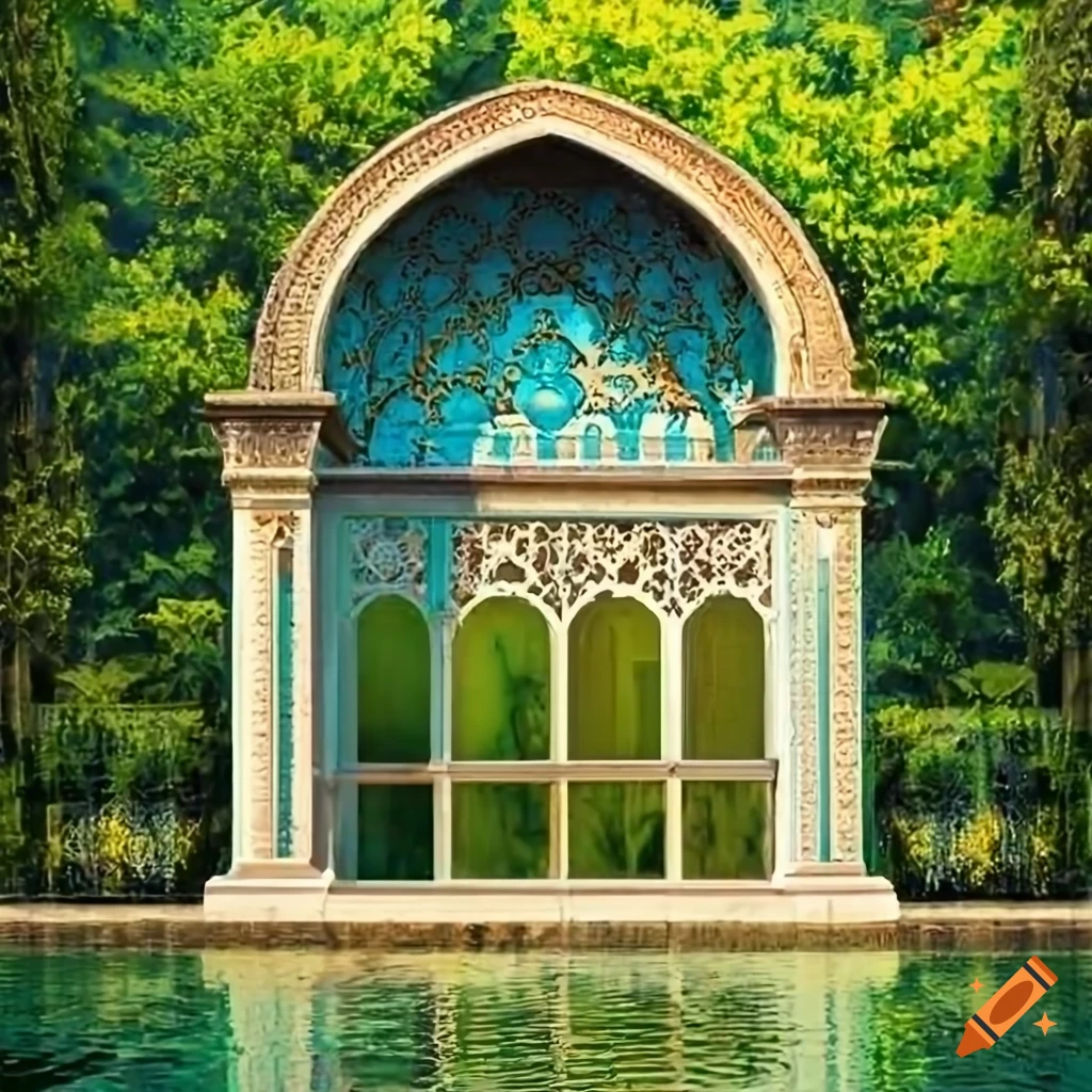 Baroque architecture in a leafy garden with Islamic art elements on Craiyon