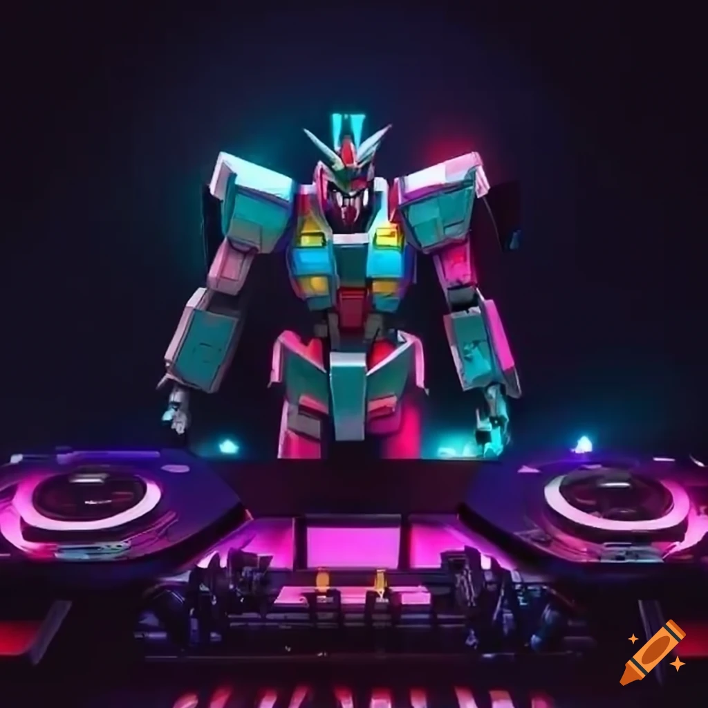 Realistic Gundam mech behind DJ booth on Craiyon