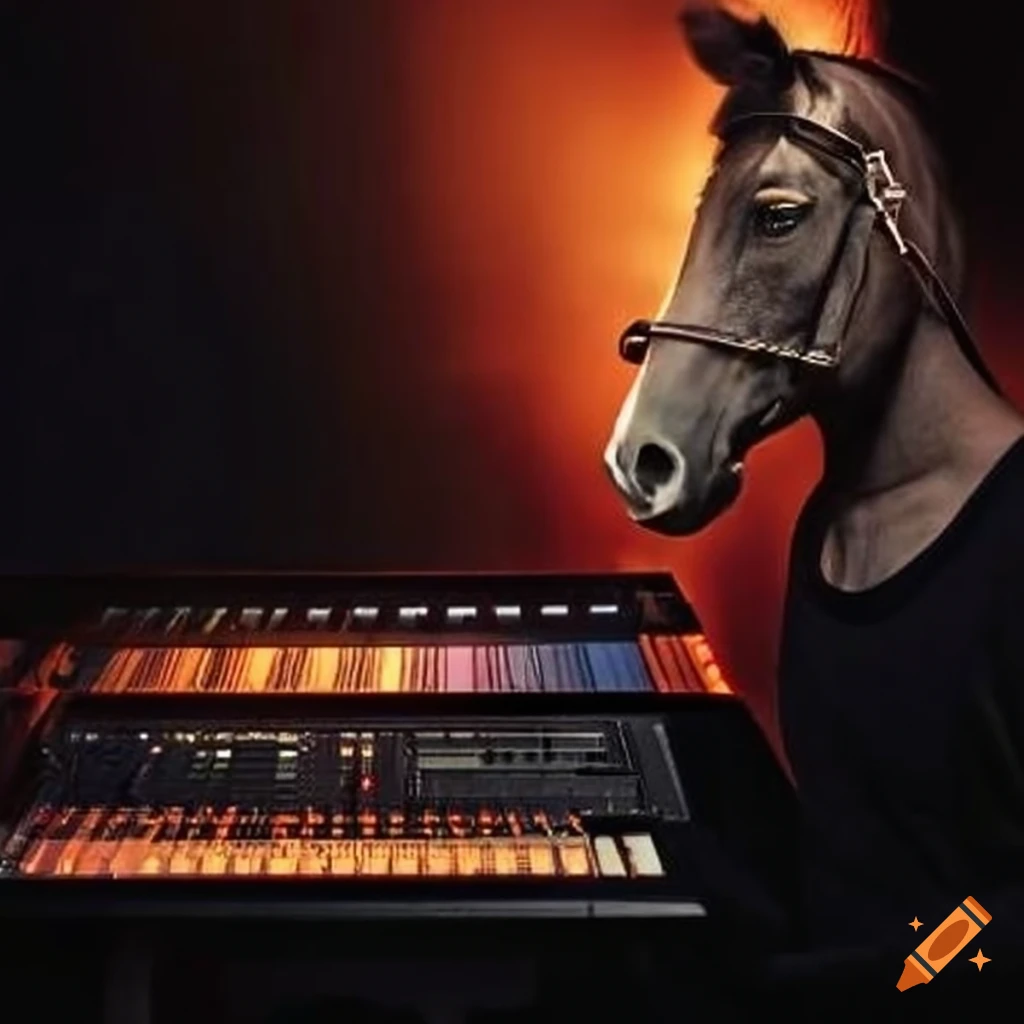 Horse in a recording studio with people producing music outside on Craiyon