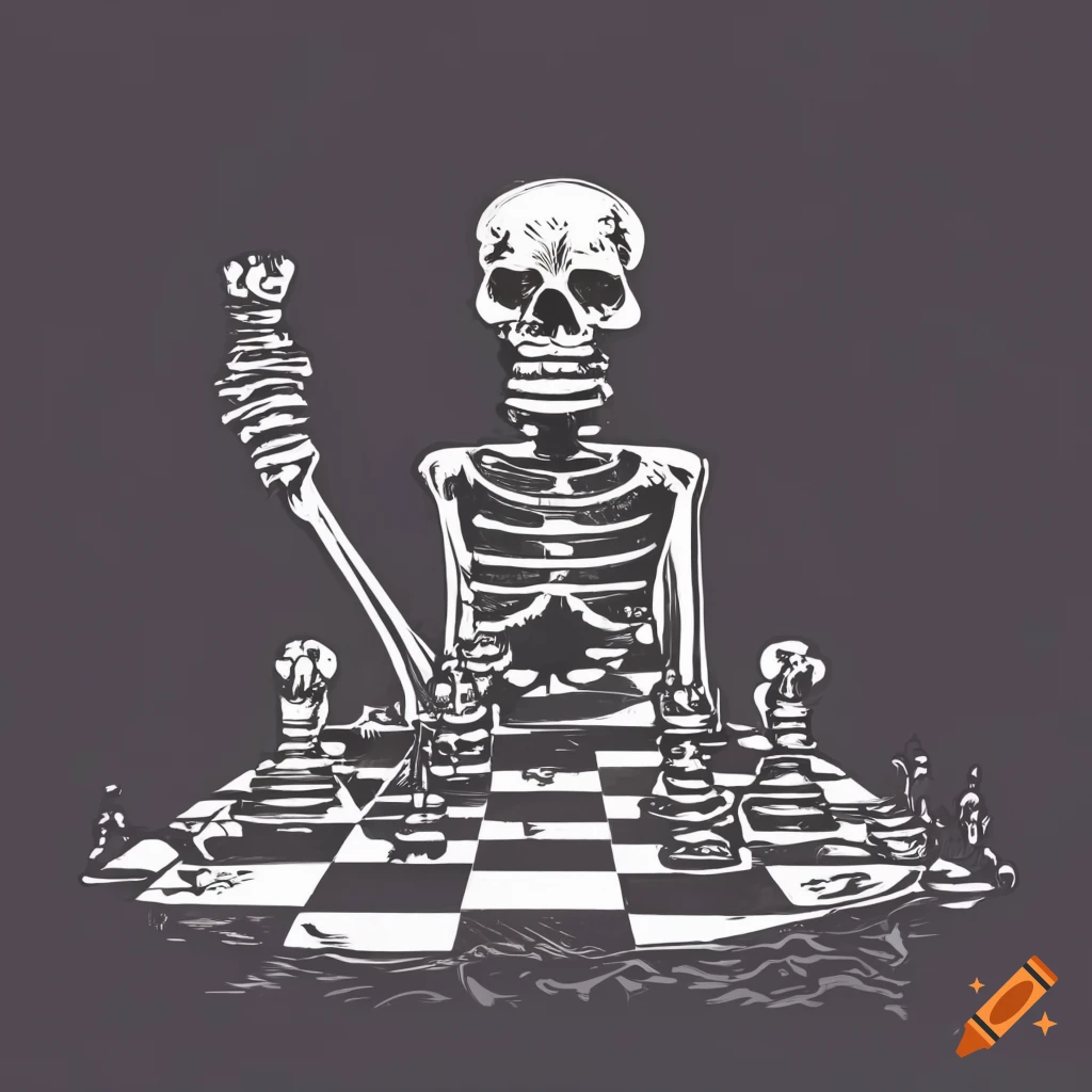 Woodcut style drawing of skeleton playing chess in a dungeon on Craiyon