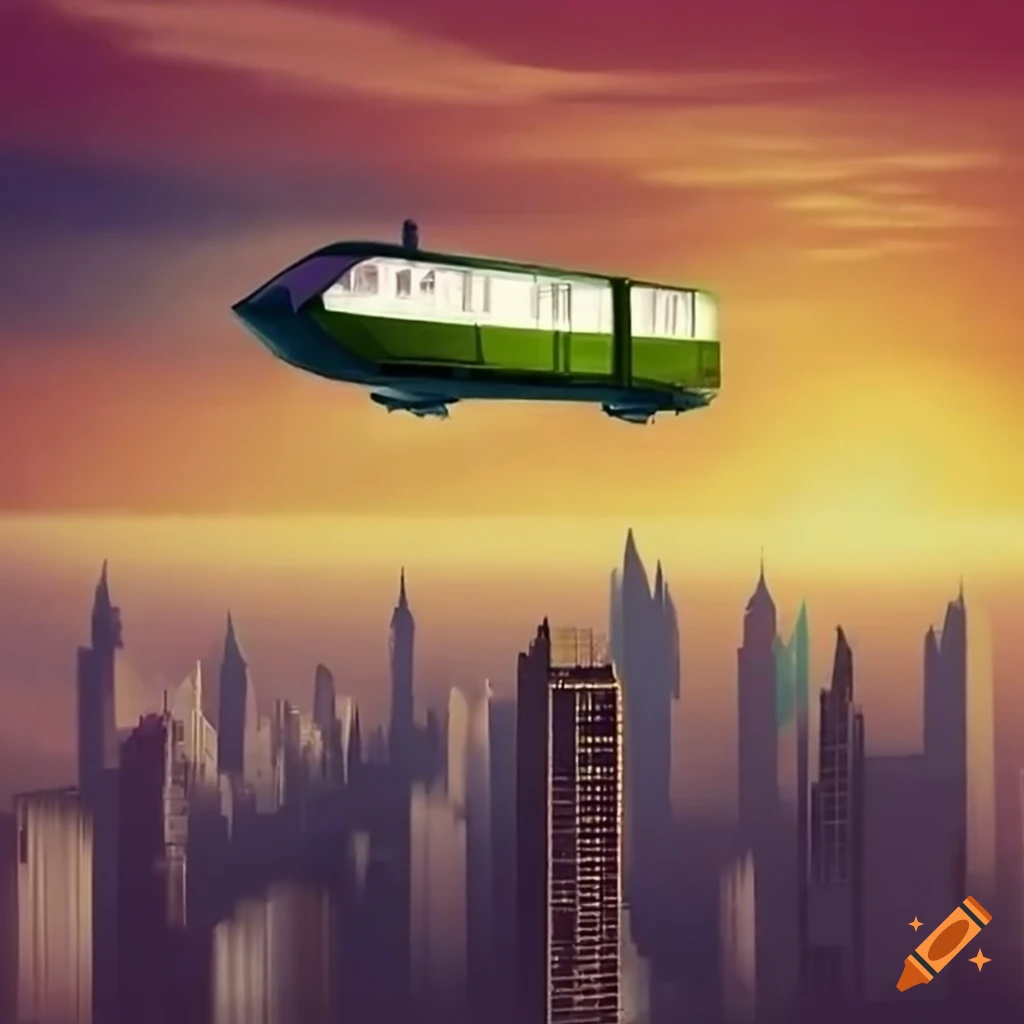 Flying bus in post-apocalyptic cityscape