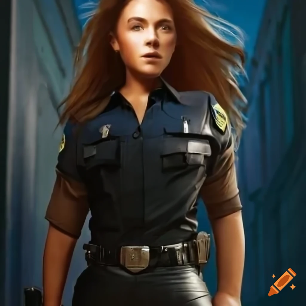 Closeup of actress Nikki Sanderson as a police officer on Craiyon