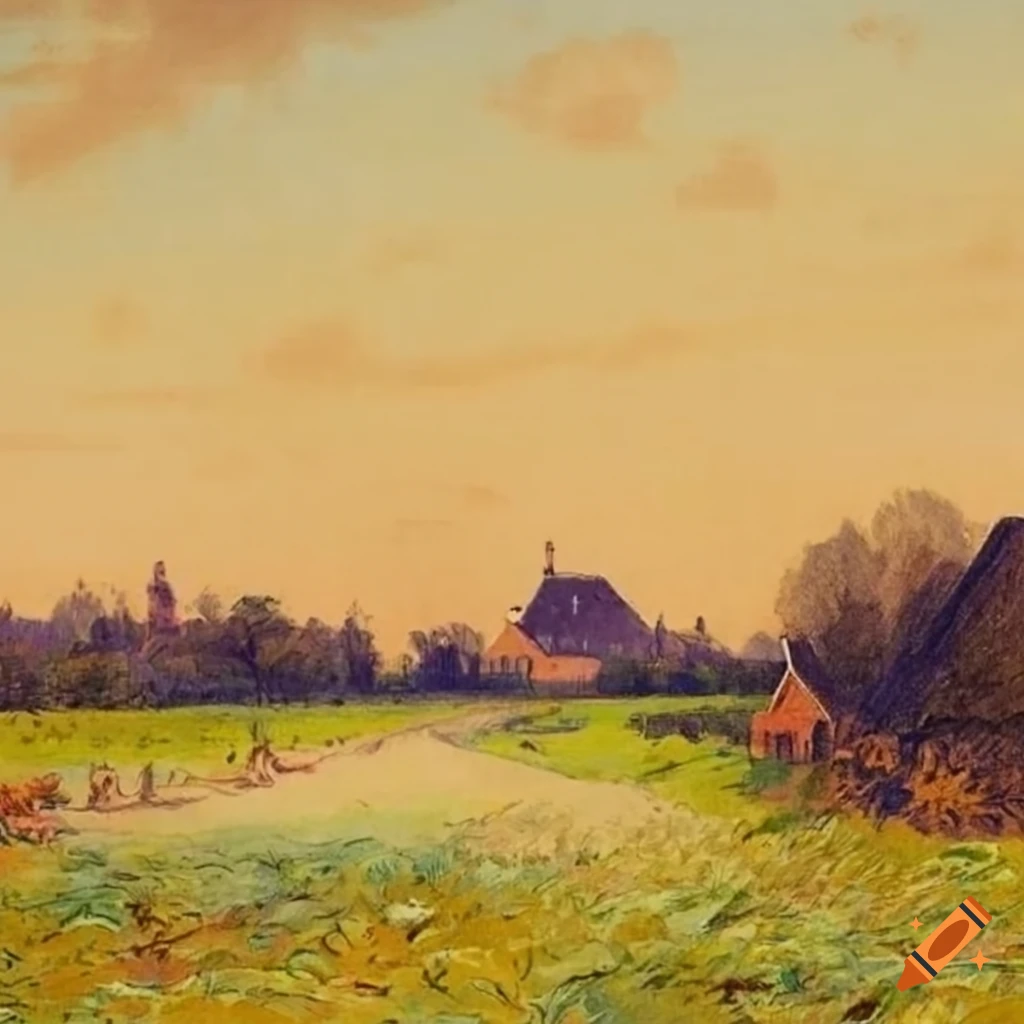 Detailed vintage drawing of a peaceful countryside in Holland 1900 on ...