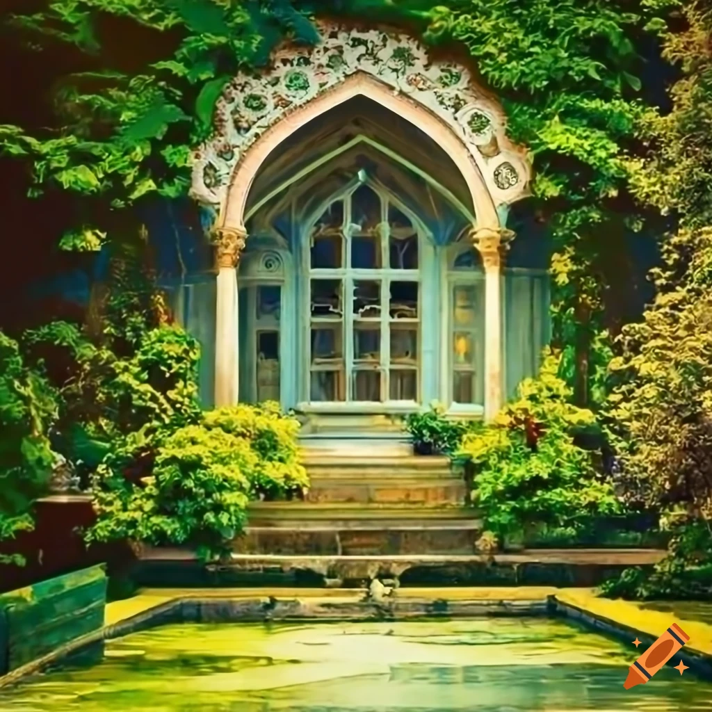 Islamic-inspired garden with ornate balcony and reflection in pond