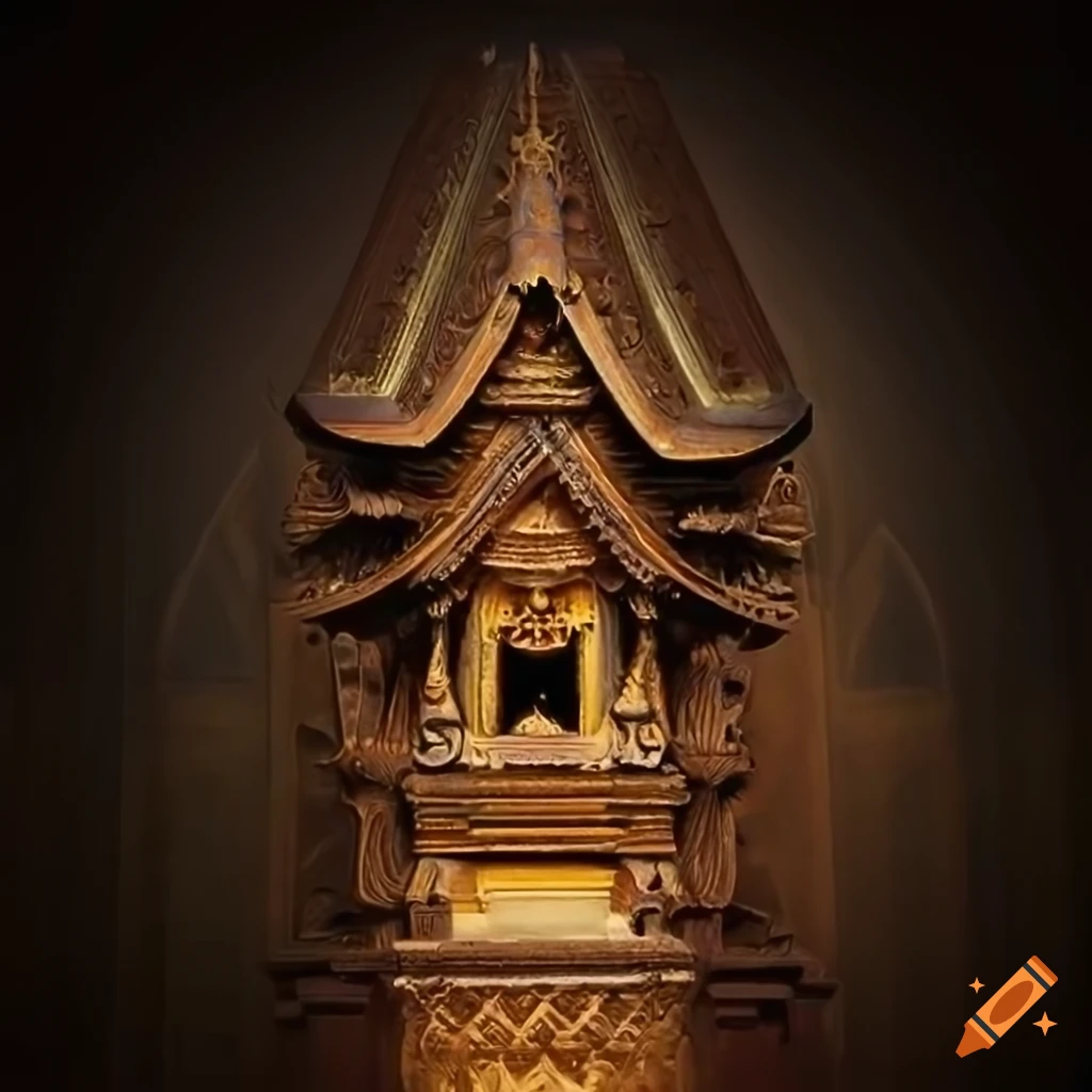 High-definition shrine with tank motif and stave carving style on Craiyon