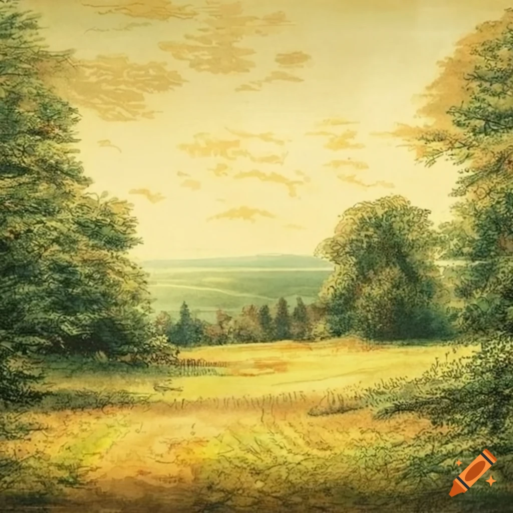 Detailed vintage drawing of a peaceful countryside on Craiyon