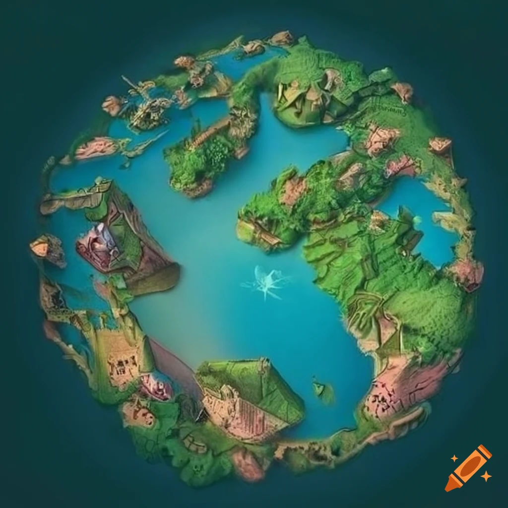 World map with a mystical town in a magical forest on Craiyon