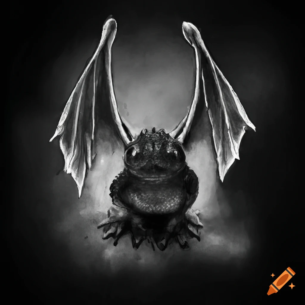 Black and white watercolor of a toad with bat wings on Craiyon