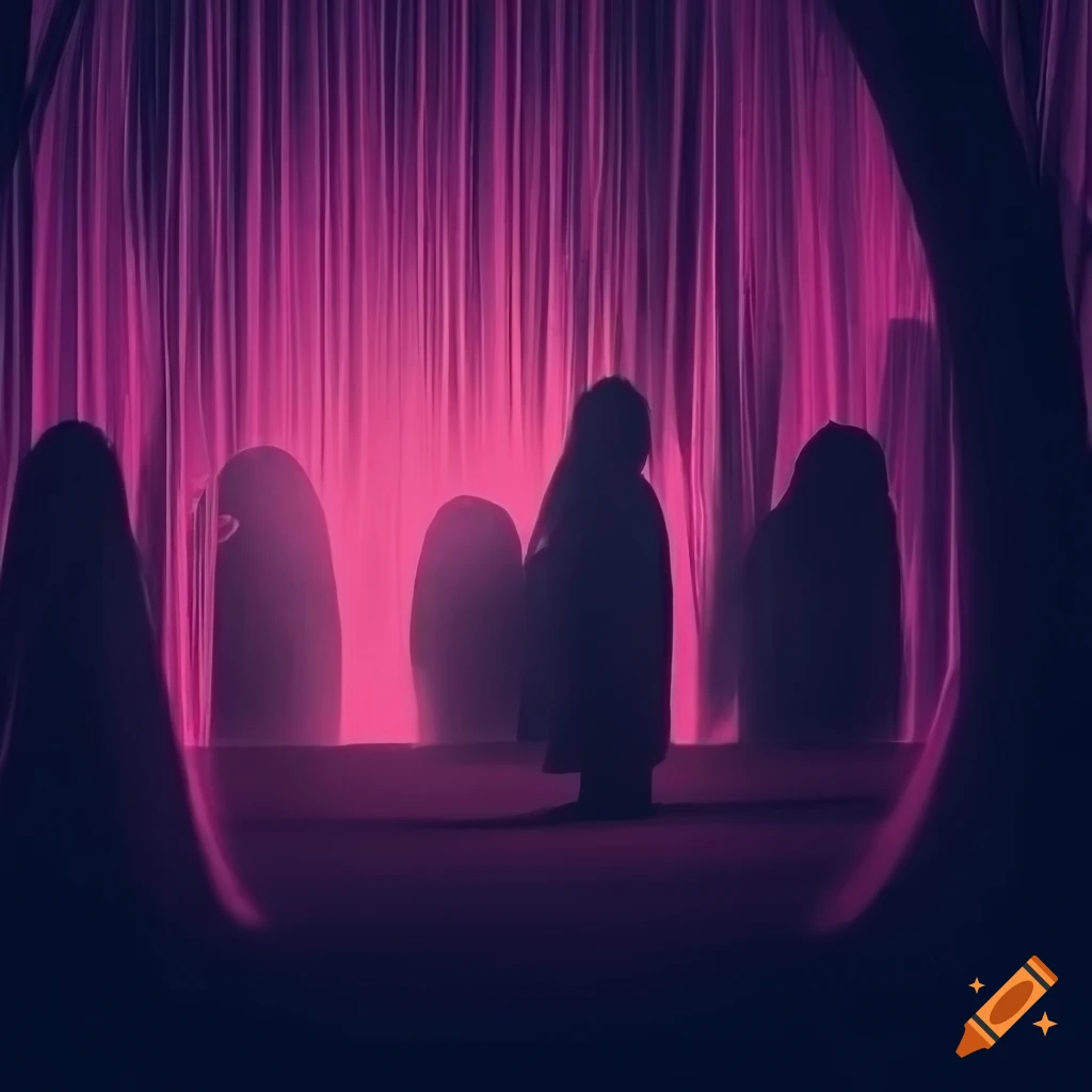 Psychedelic abstract silhouettes with eyeless people and city buildings ...