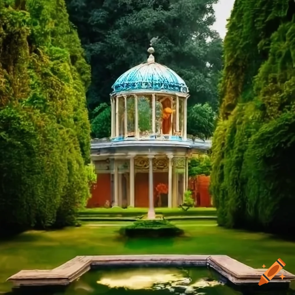Islamic art-inspired garden with a balcony and pond on Craiyon
