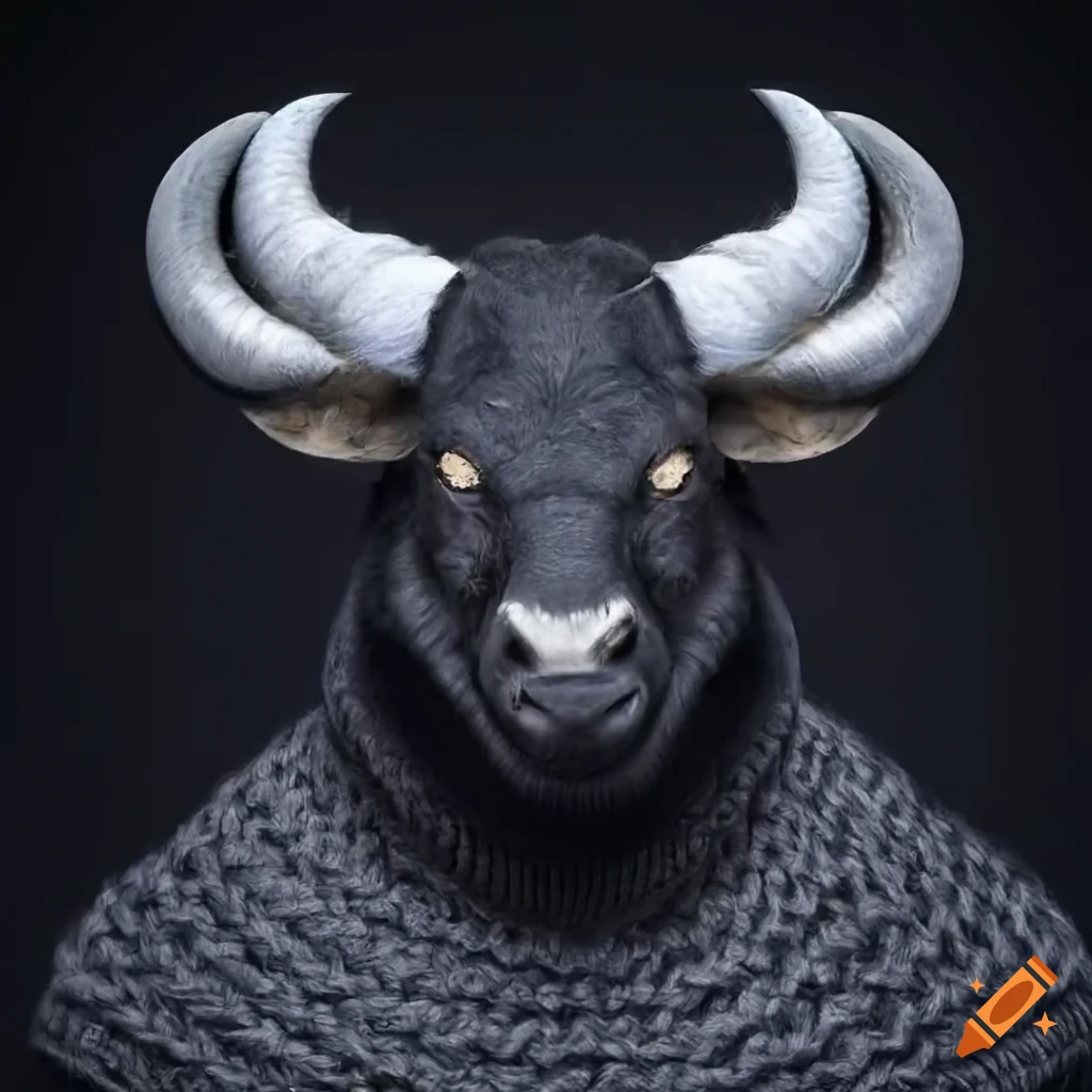 Photorealistic depiction of a fierce black minotaur with white horns ...