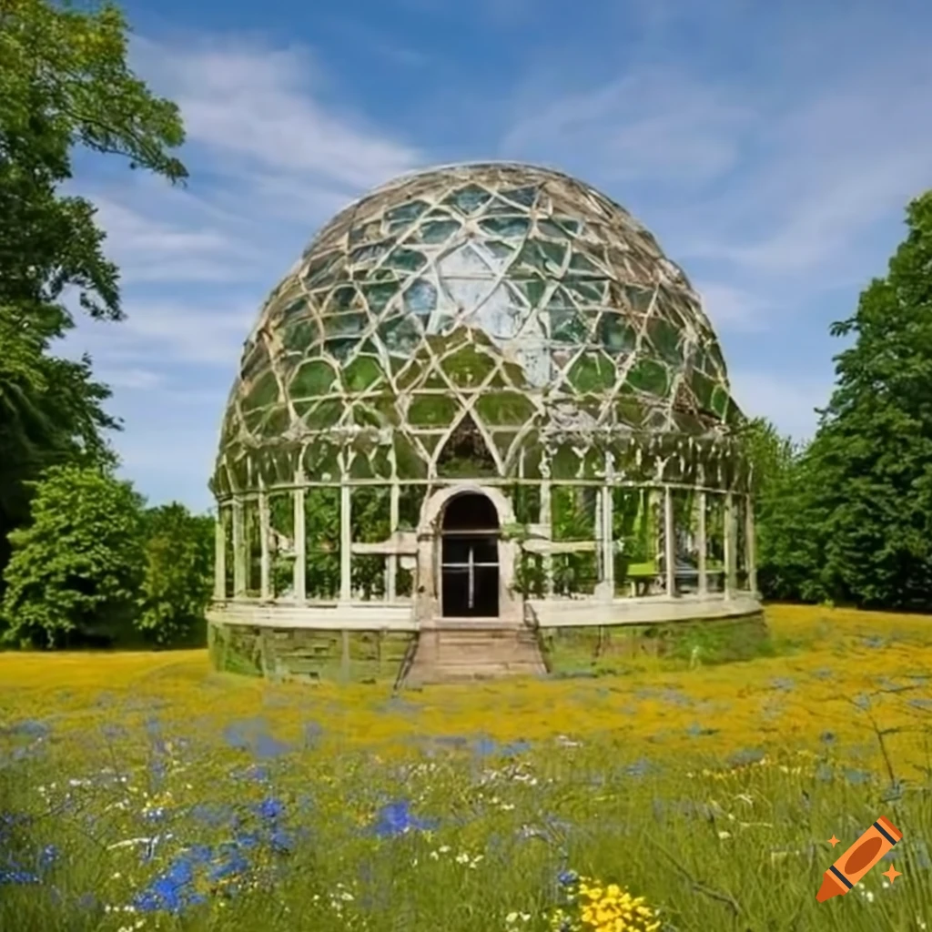 Geodesic floral dome with central garden and curved walkways on Craiyon