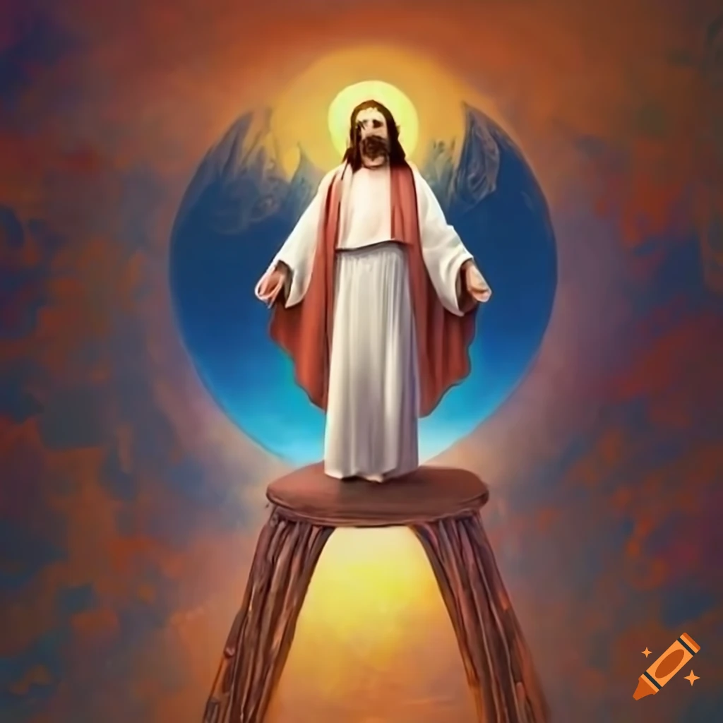 Colorful 2D painting of Jesus above the earth on Craiyon