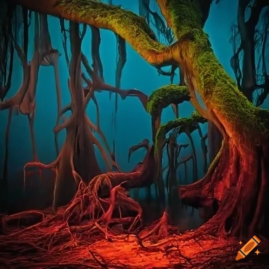 Mysterious red swamp with glowing roots and vines on Craiyon