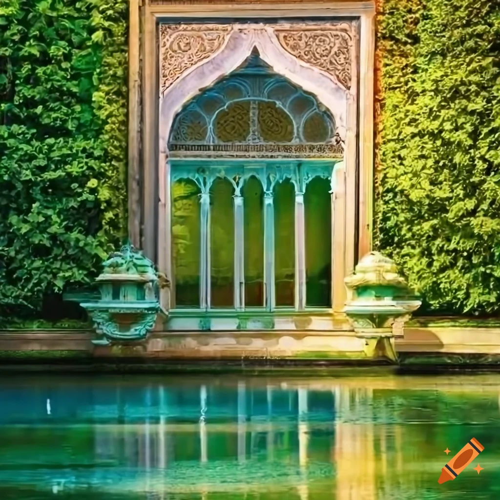Garden with pond and rococo balcony in Islamic Art style on Craiyon
