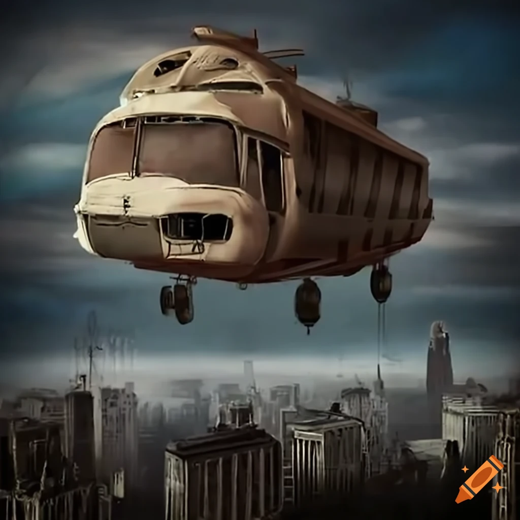 Image of a flying bus near a post-apocalyptic skyscraper on Craiyon