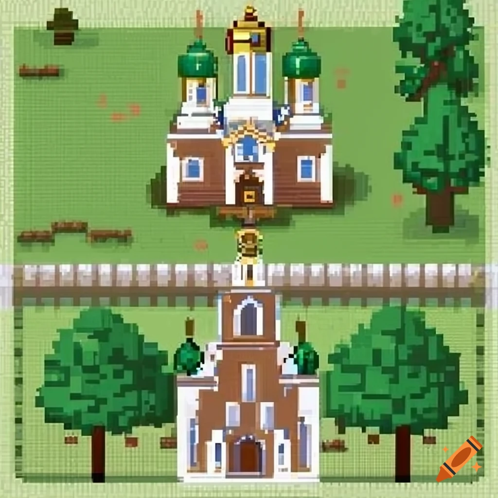 Pixel art of an orthodox church in a game