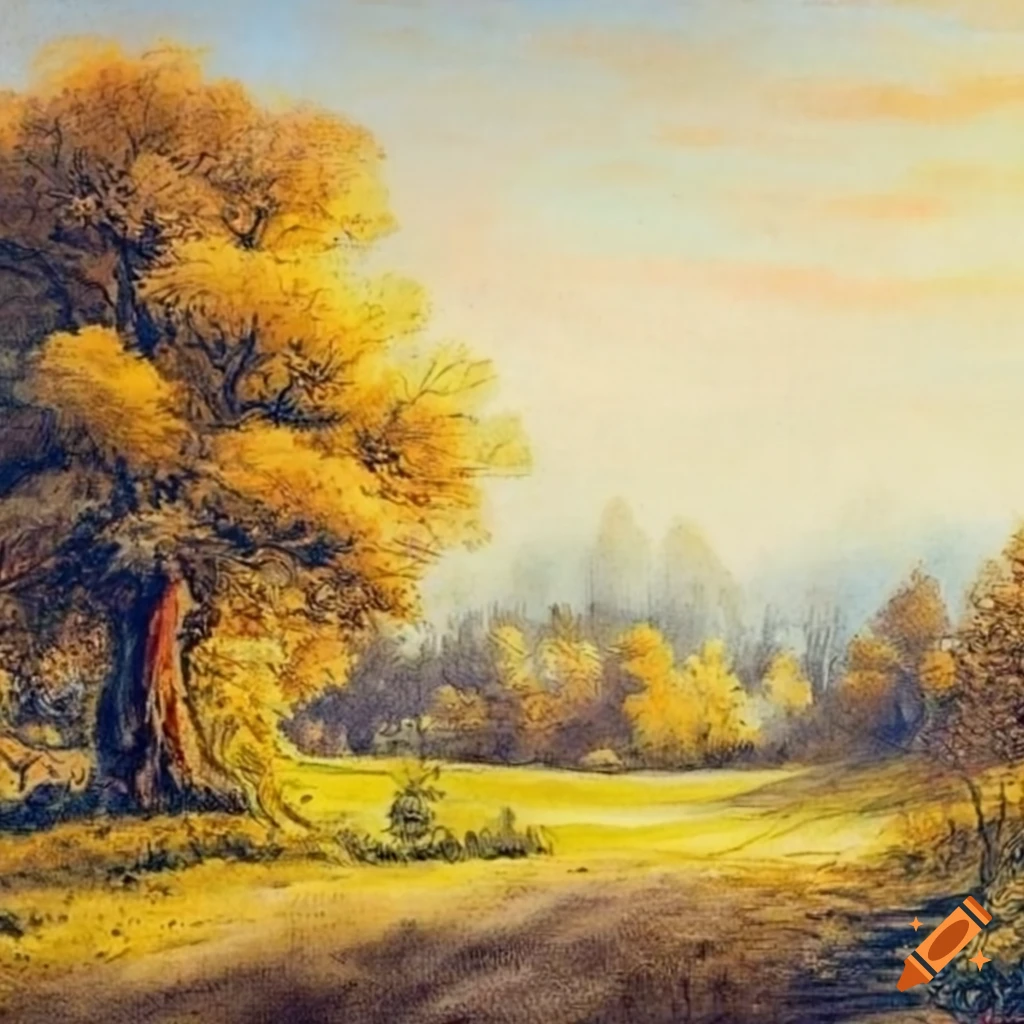 Detailed vintage drawing of a peaceful countryside on Craiyon