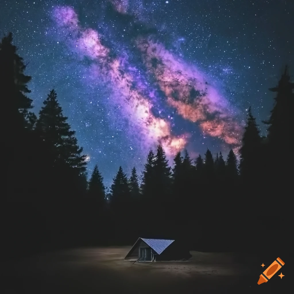 A cabin surrounded by a dark forest under a starry sky on Craiyon