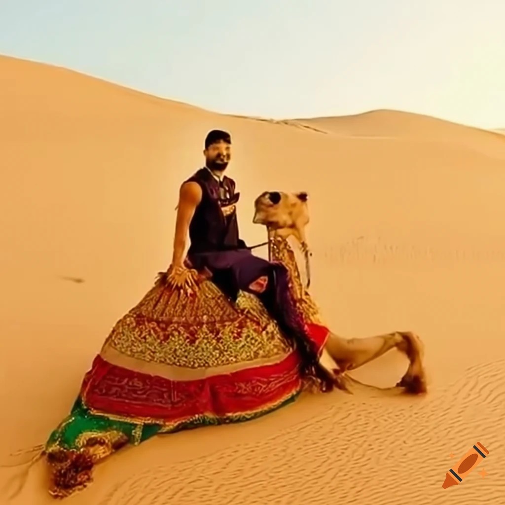 Virat kohli riding a golden camel in the desert