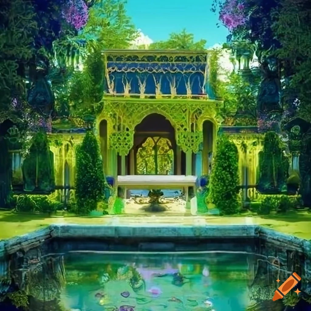 Islamic art-inspired garden with a pond and gazebo on Craiyon
