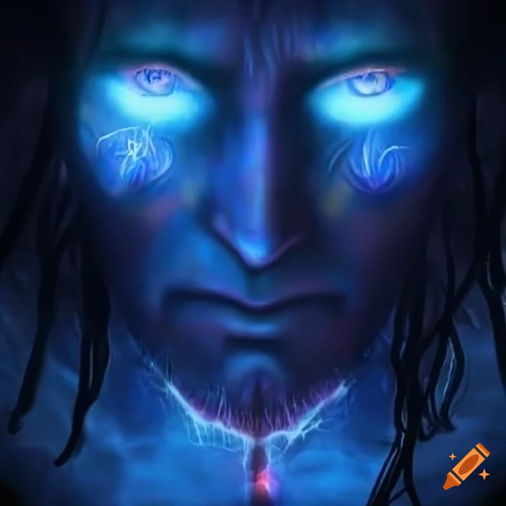 Image of a man with glowing eyes undergoing a mystical transformation