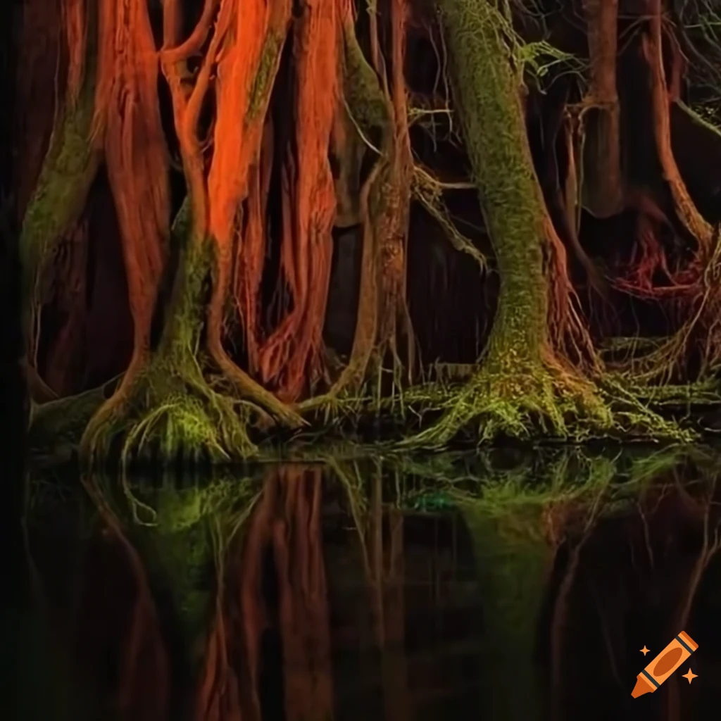 Dark fantasy scene with red swamp and glowing tree roots on Craiyon