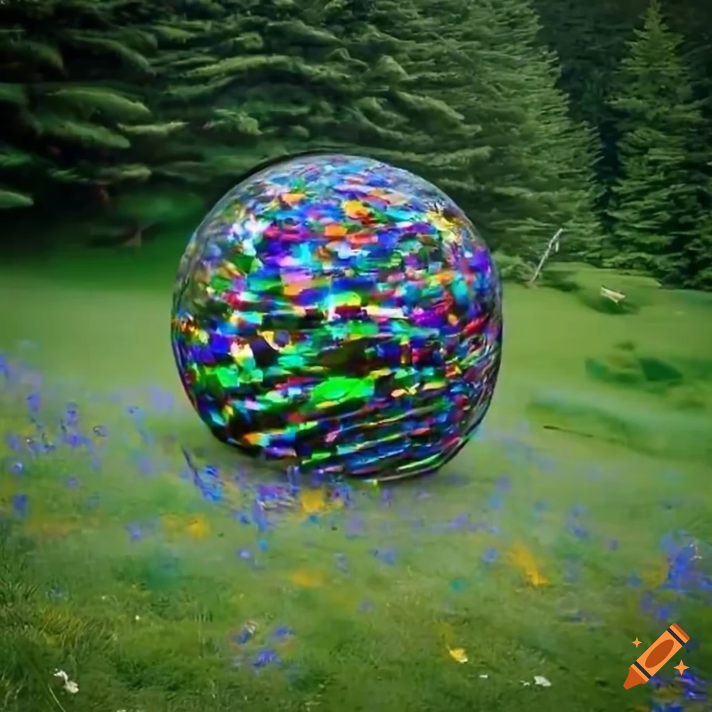 Glitched orb sculpture in alpine meadow