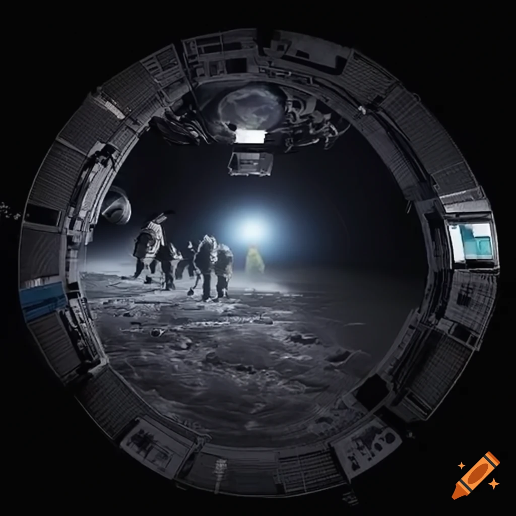 Illustration of moon exploration base with astronauts and earth on Craiyon