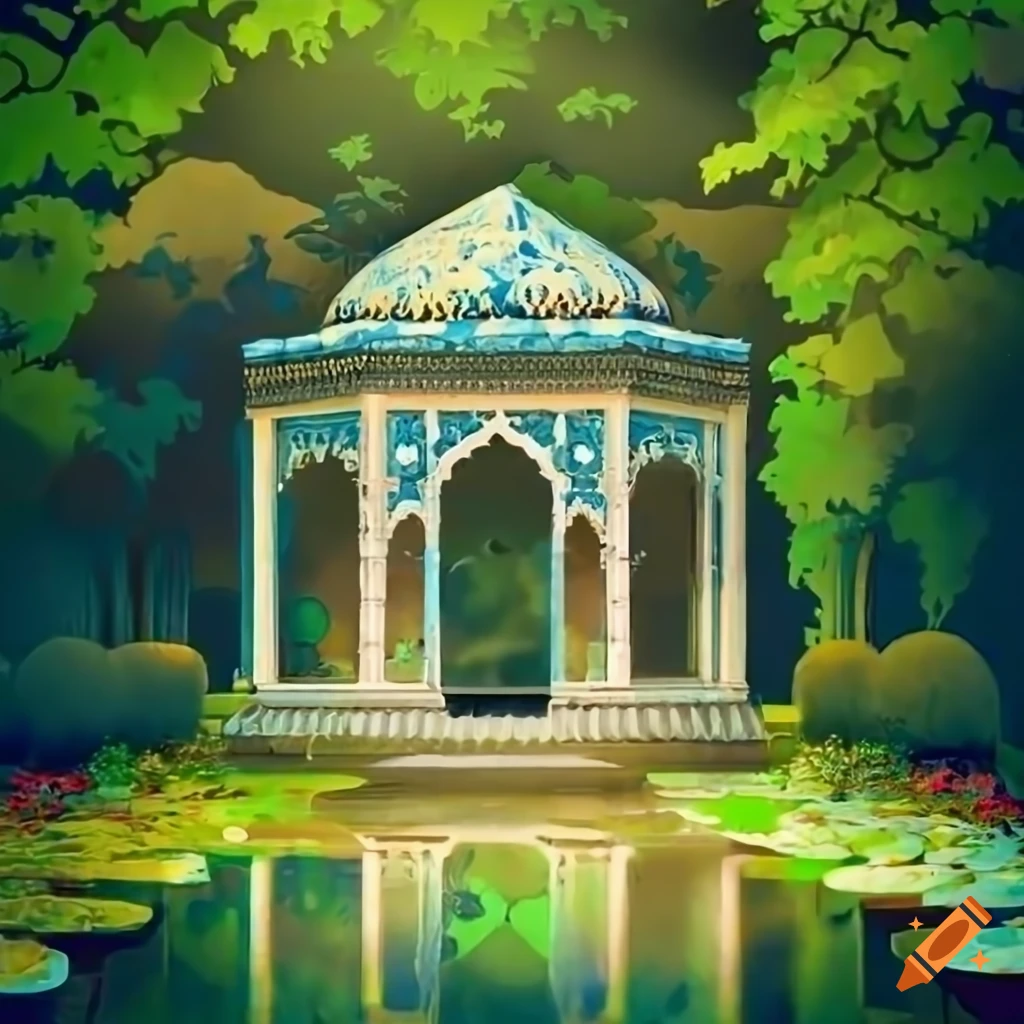 Blue islamic art window in a gazebo beside a pond on Craiyon