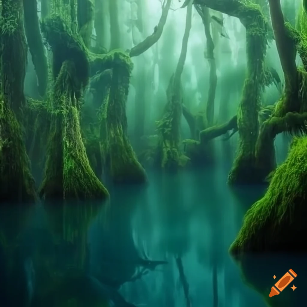 Futuristic utopian swamp with mossy trees